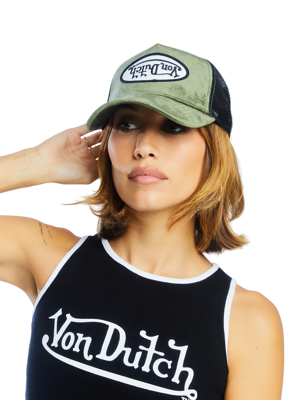 Sage Green Velvet Trucker Hat | Von Dutch
